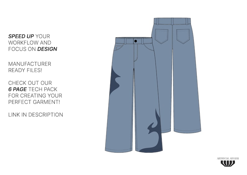 Wide-leg Jeans Vector Mockup, Flared Denim Pants Technical Drawings ...