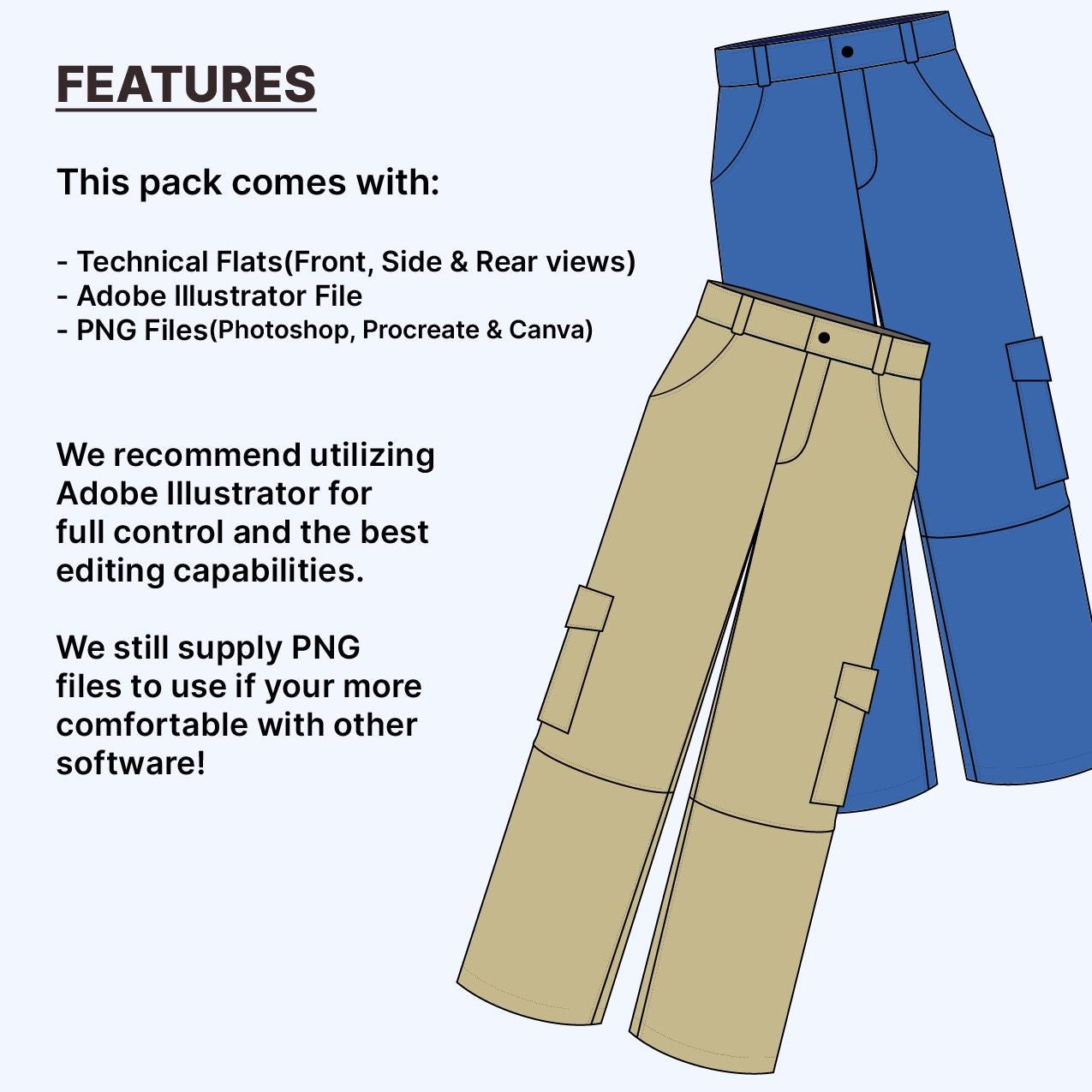Cargo Pants Vector Mockup, Fashion Flats for Designers, Customizable ...