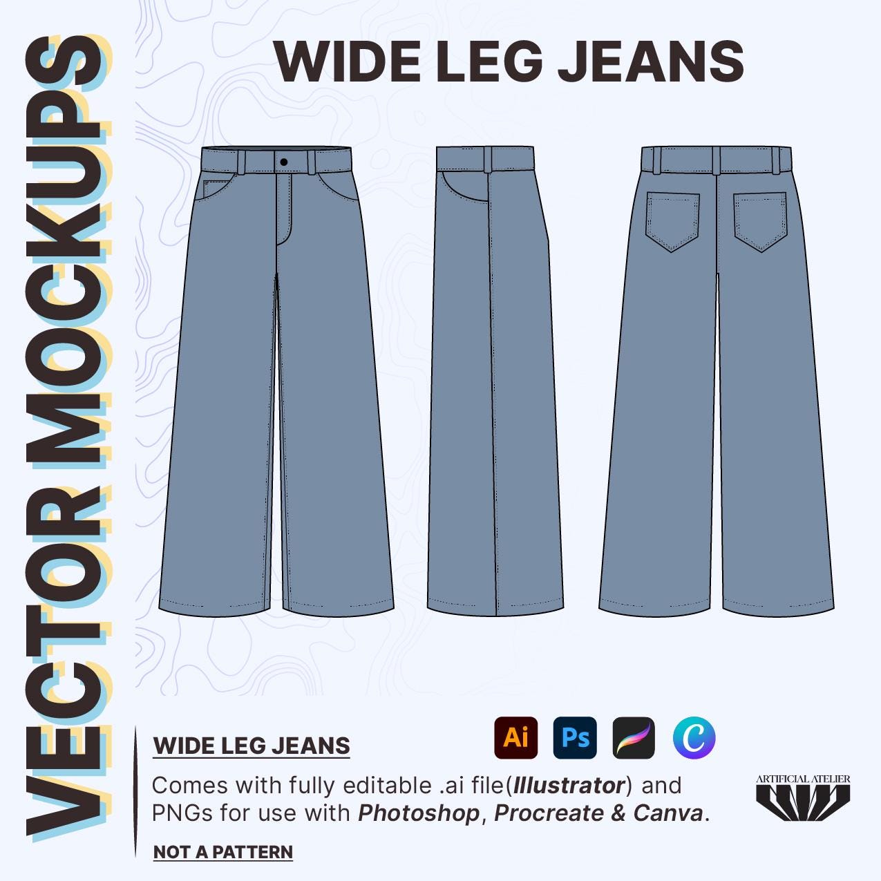 Wide-leg Jeans Vector Mockup, Flared Denim Pants Technical Drawings ...