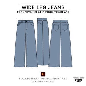 Wide-leg Jeans Vector Mockup, Flared Denim Pants Technical Drawings ...