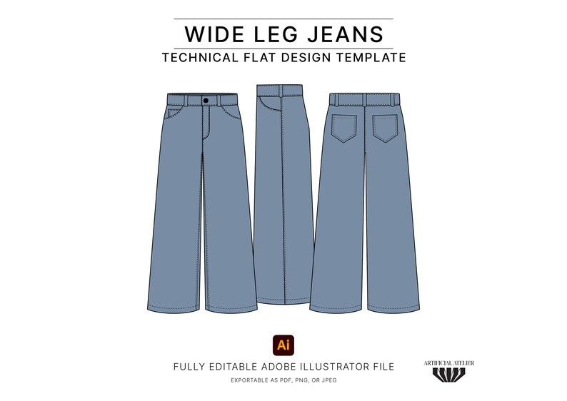Wide-leg Jeans Vector Mockup, Flared Denim Pants Technical Drawings ...