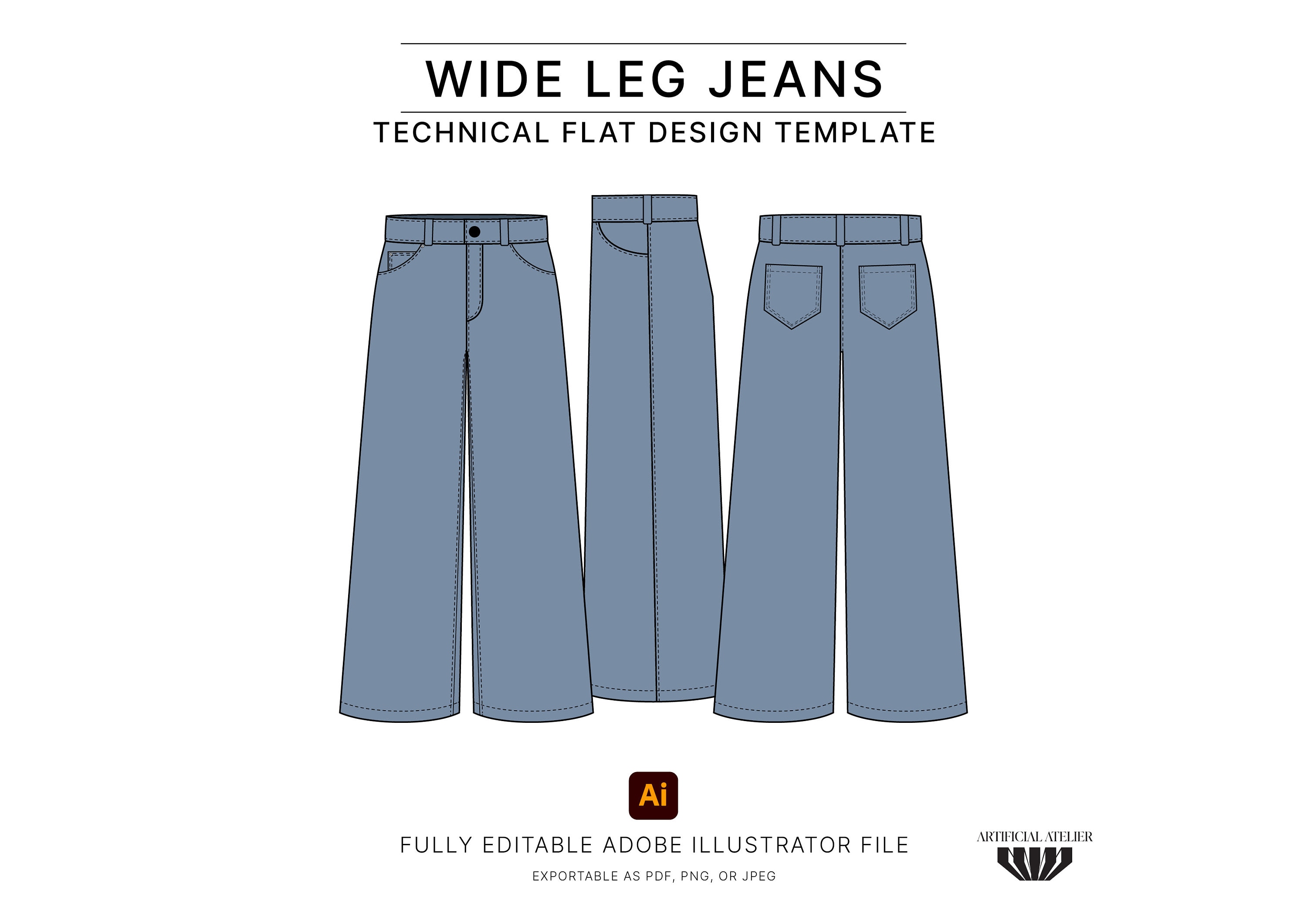 Wide-leg Jeans Vector Mockup, Flared Denim Pants Technical Drawings ...