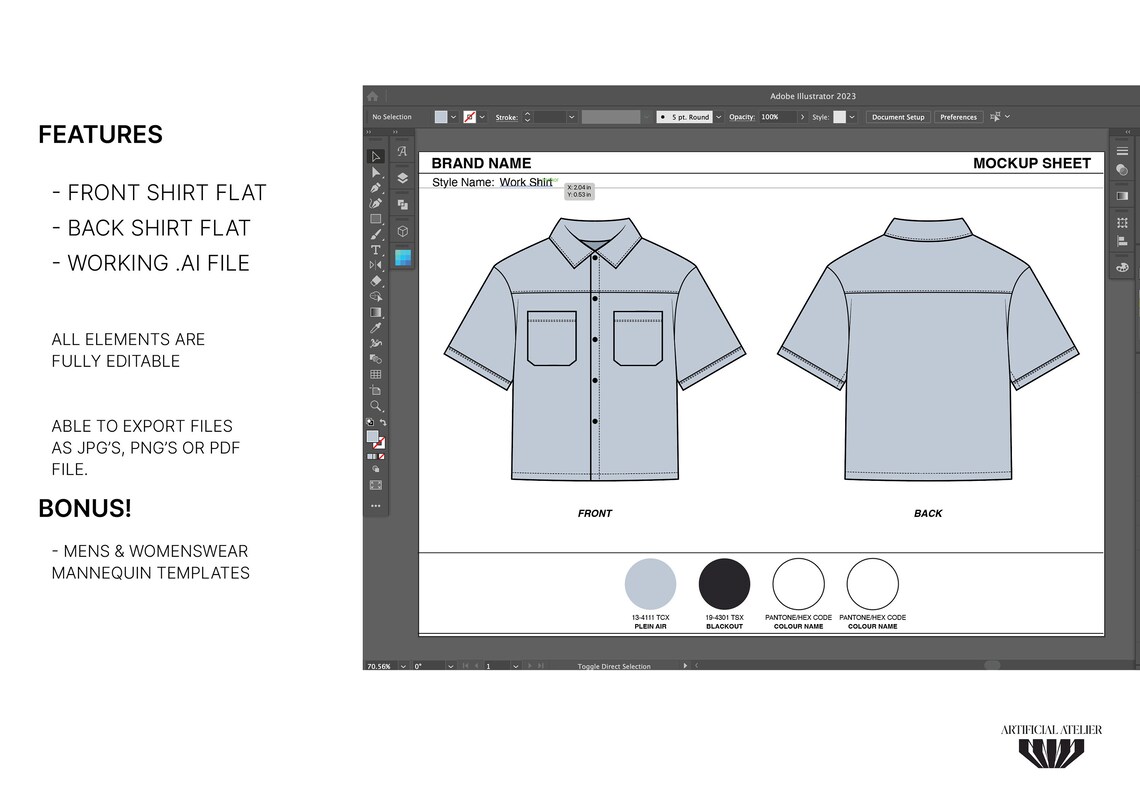 Work Shirt Vector Mockup, Tech Pack Template, Casual Shirt Technical ...
