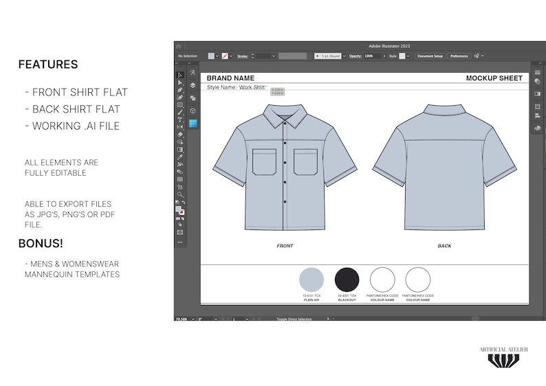 Work Shirt Vector Mockup, Tech Pack Template, Casual Shirt Technical ...