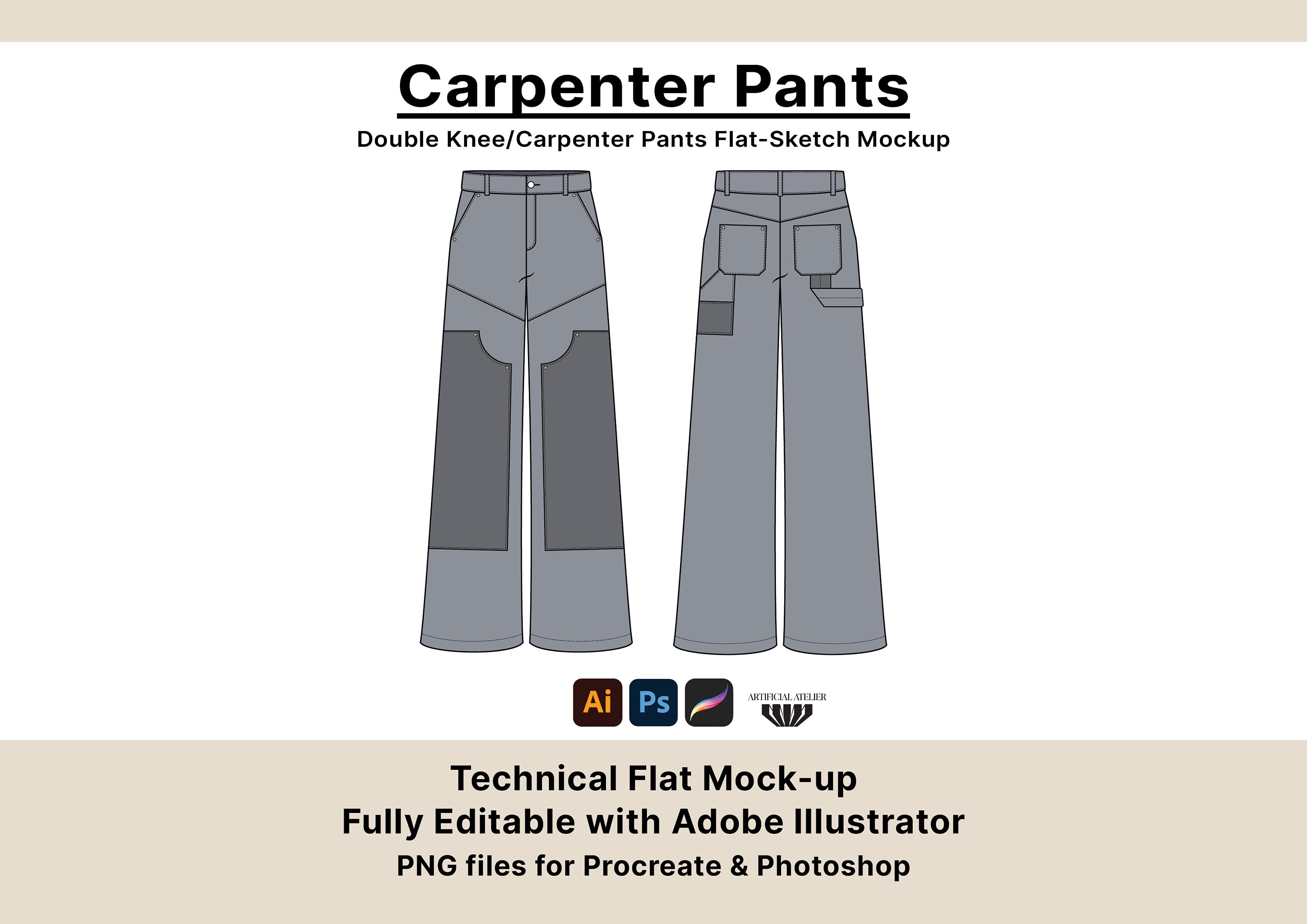 Carpenter Pants Vector Mockup, Work Pants Tech Pack Template, Fully ...