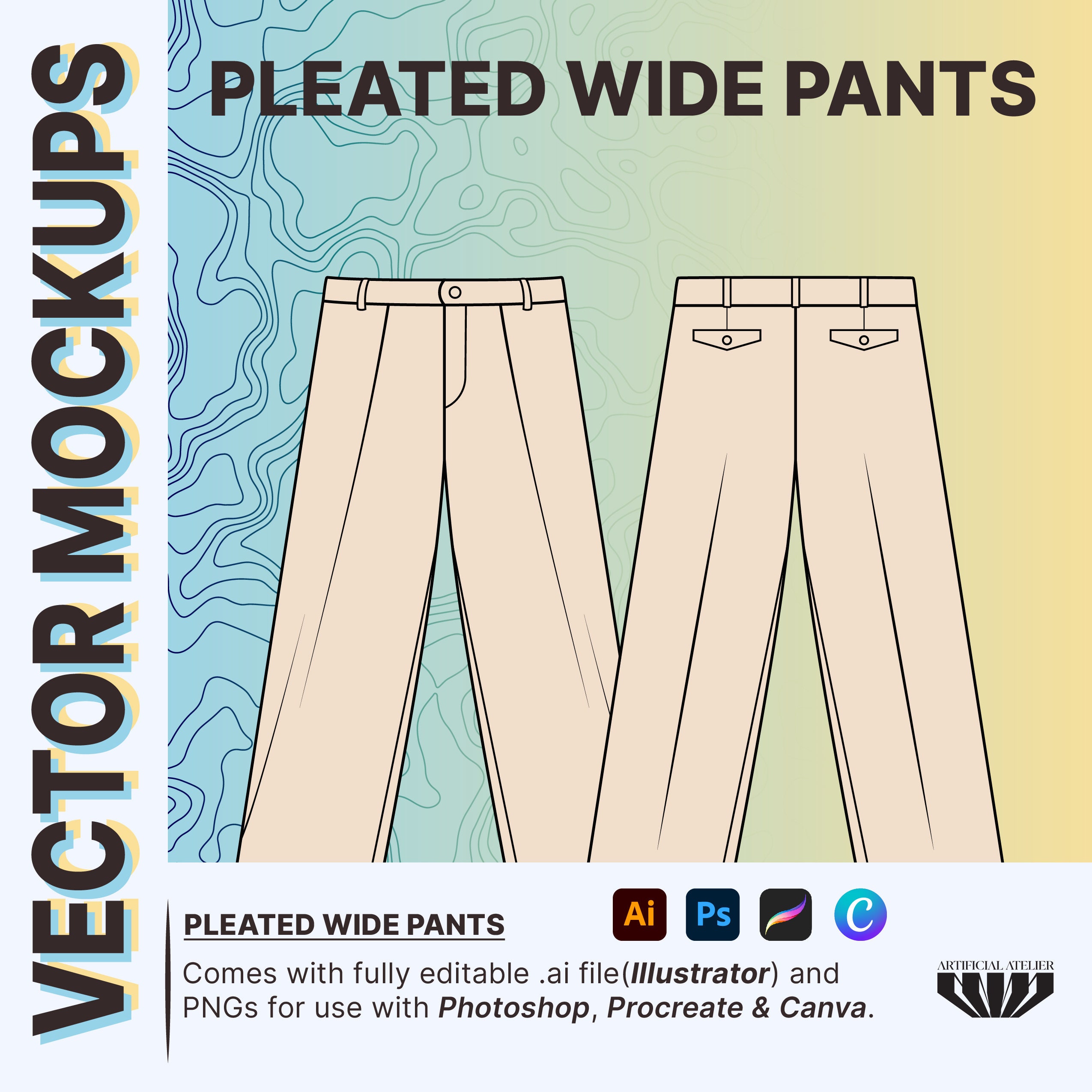 Wide Pleated Pants Mockup, Tech Pack Template - Great for Beginners ...