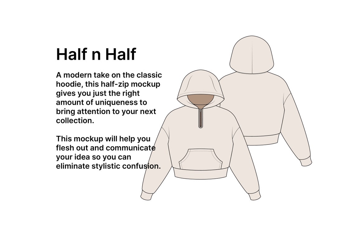 Halfzip Hoodie Mockup, Simple Tech Pack for Clothing Design, Editable ...