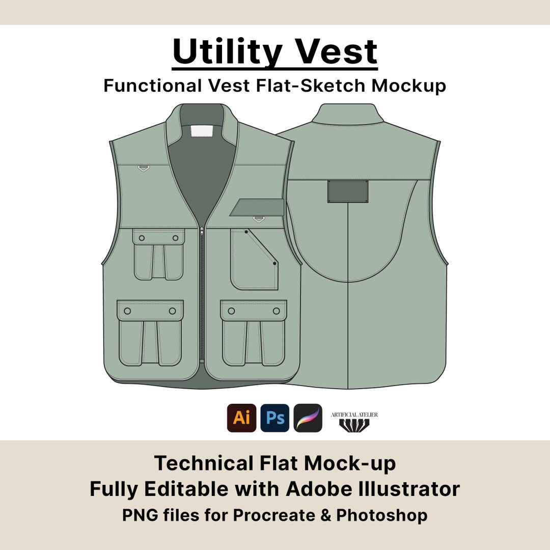 Utility Vest Mockup, Simple Tech Pack for Designers, Mockups Template ...