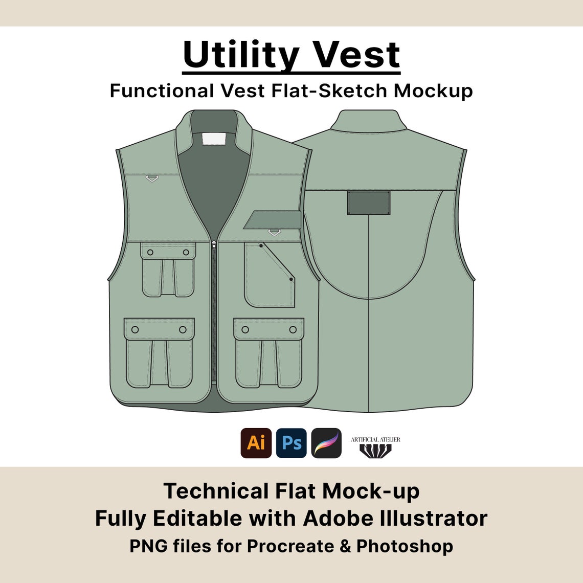 Utility Vest Mockup, Simple Tech Pack for Designers, Mockups Template ...