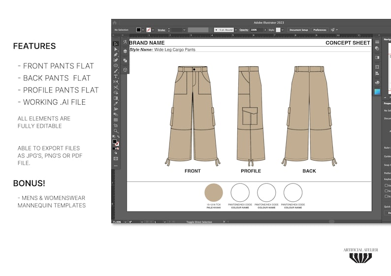 Wide Cargo Pants Vector Mockup, Flared Pants Flatsketch, Simple Tech ...