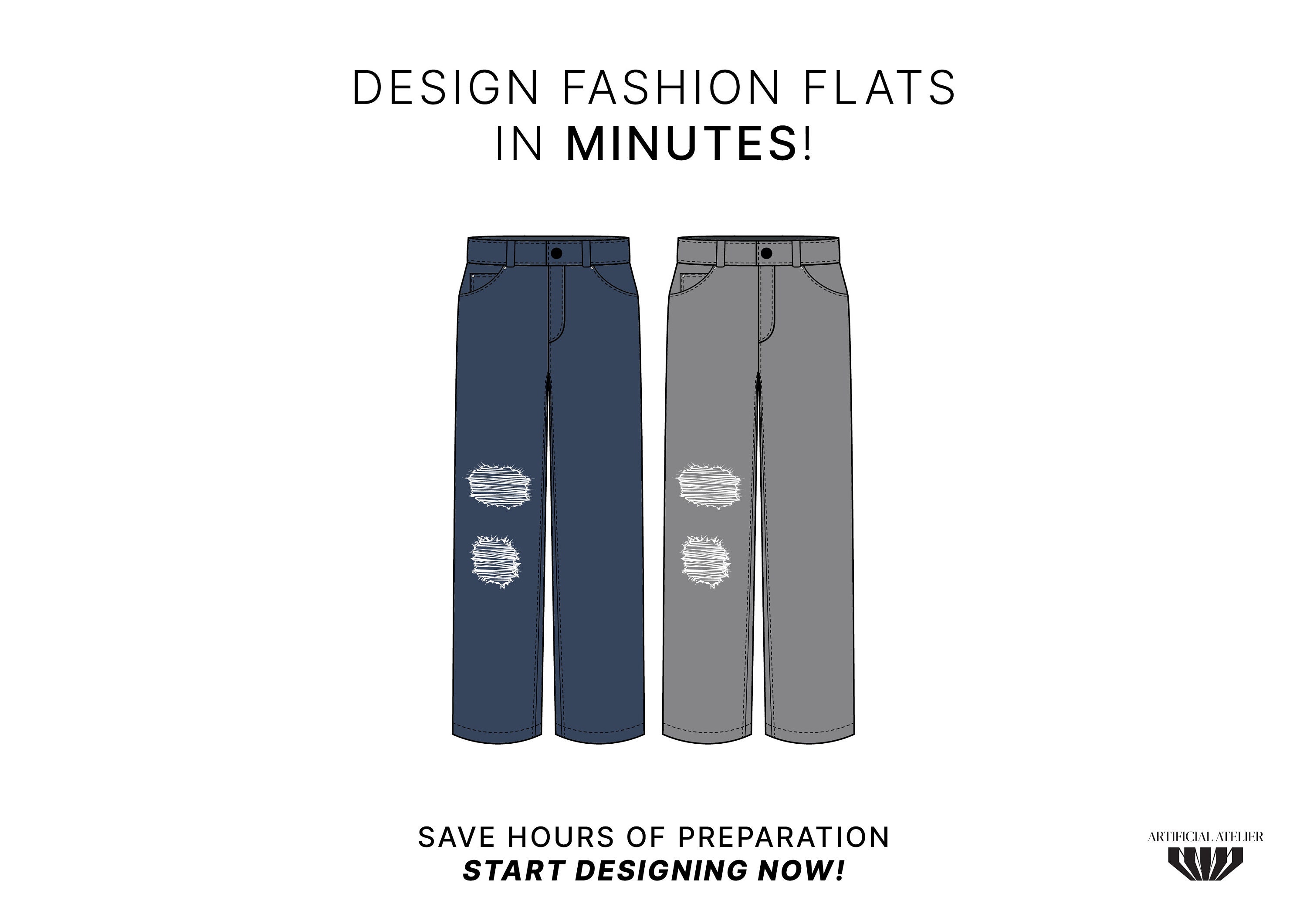 Distressed Jeans Vector Mockup, Fashion Flats for Denim Pants, Ready-to ...