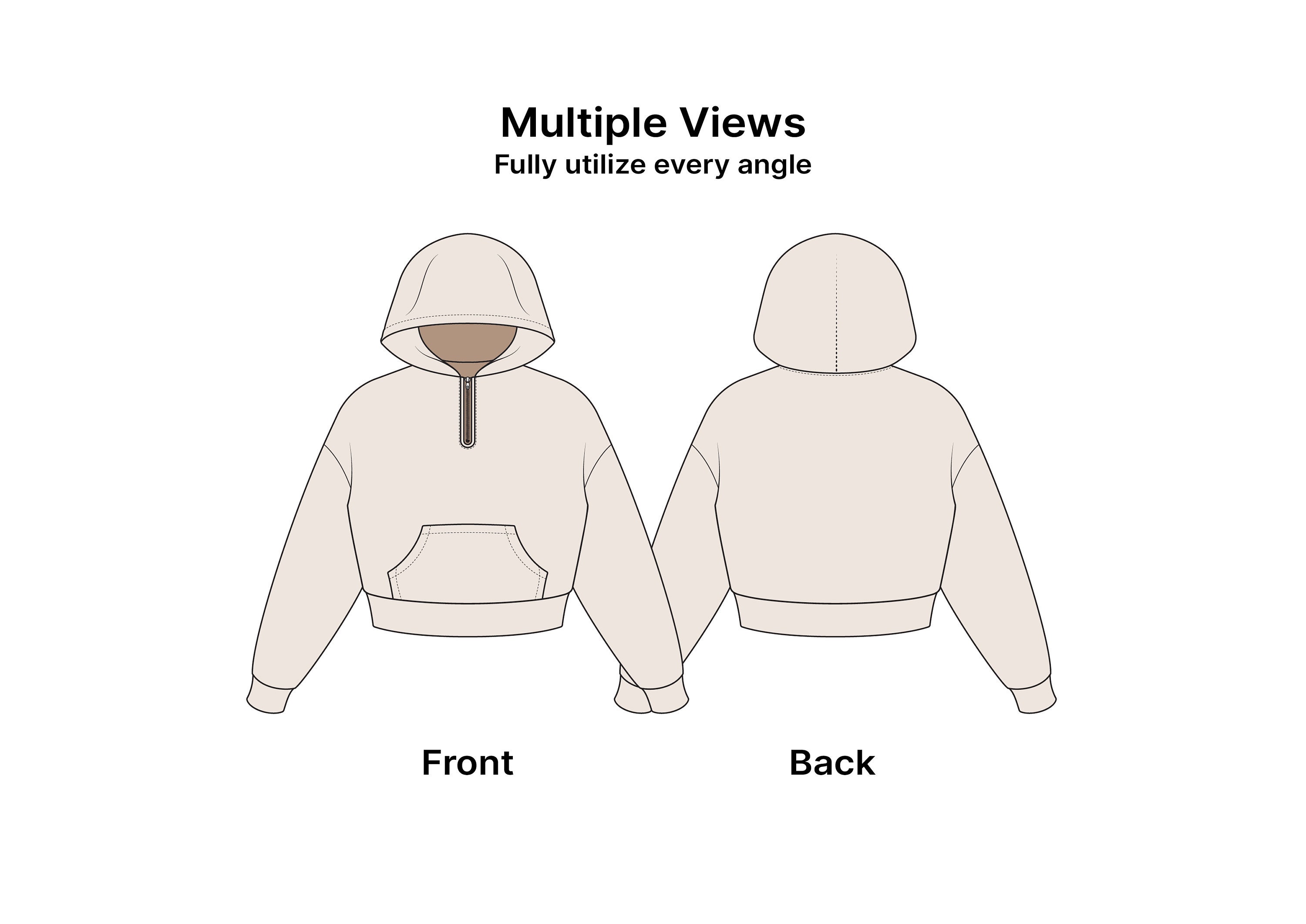 Halfzip Hoodie Mockup, Simple Tech Pack for Clothing Design, Editable ...