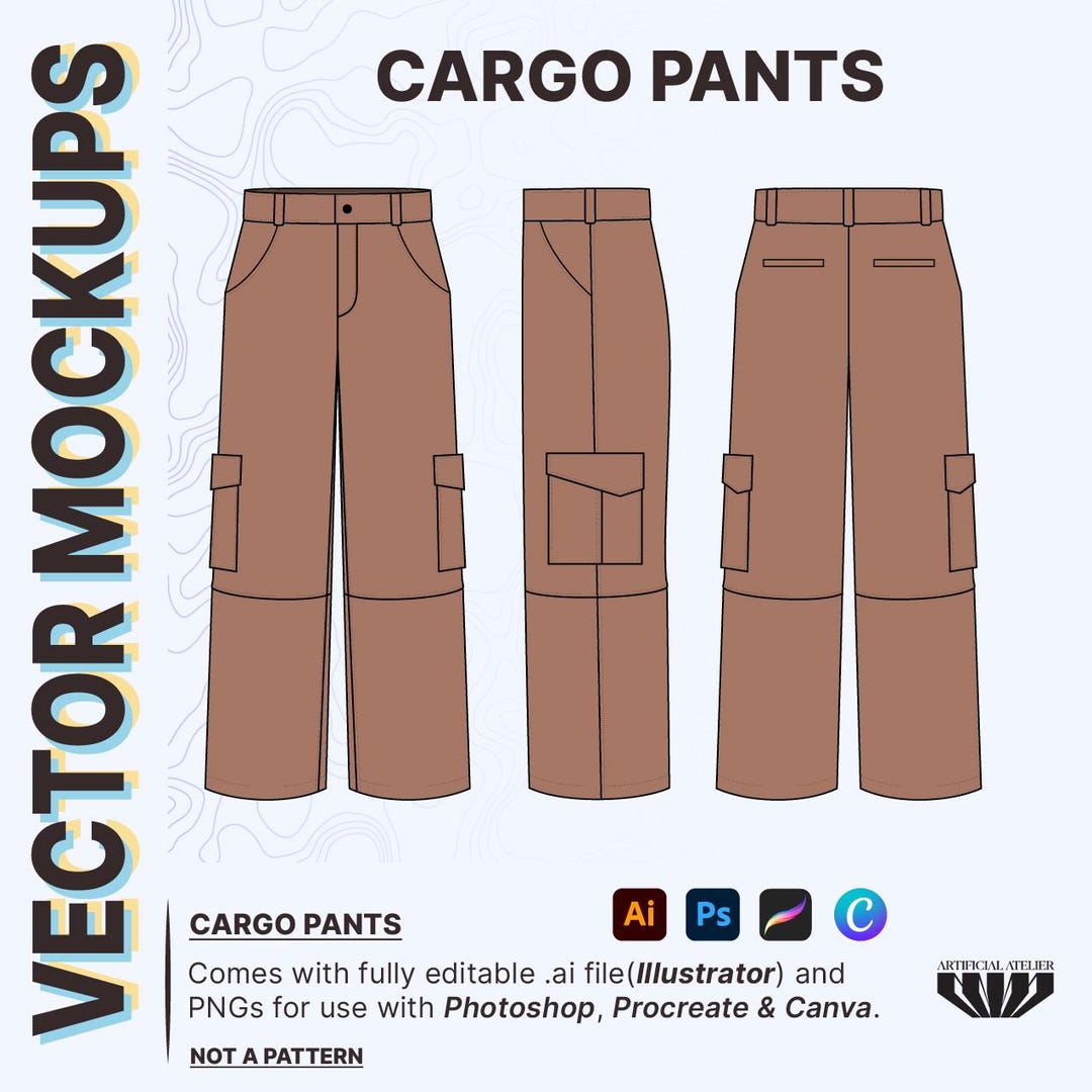Cargo Pants Vector Mockup, Fashion Flats for Designers, Customizable ...