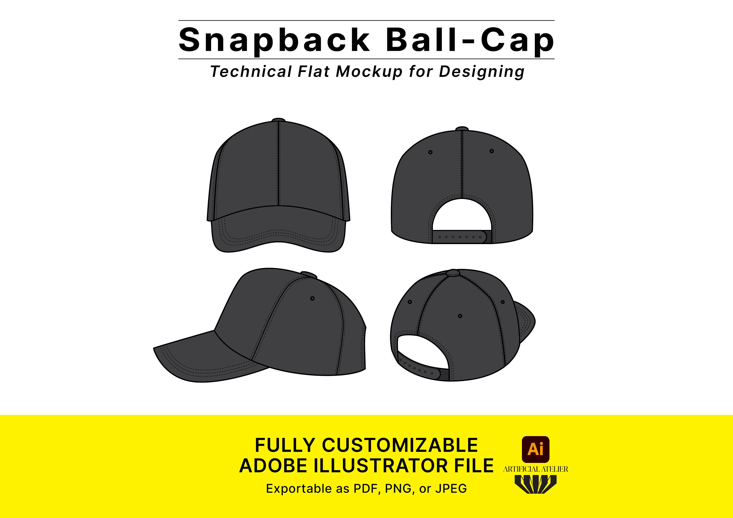 Snapback Vector Mockup, 6 Panel Hat Flatsketch, Fashion Flats for Designers, Fully Customizable ...