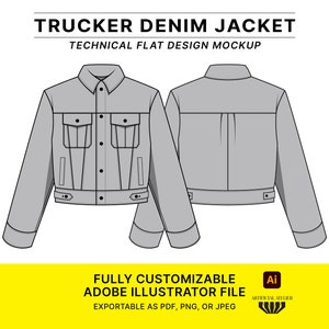 Trucker Jacket Mockup, Vector Template for Fashion Design, Technical ...