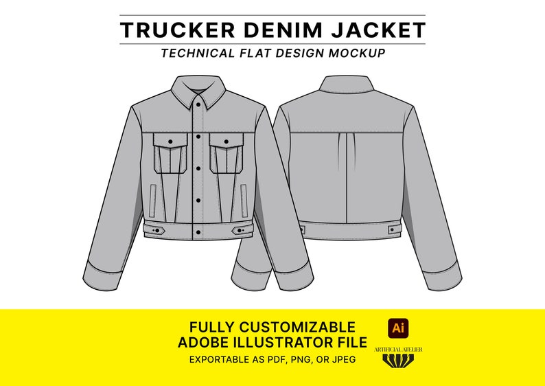 Trucker Jacket Mockup, Vector Template for Fashion Design, Technical ...