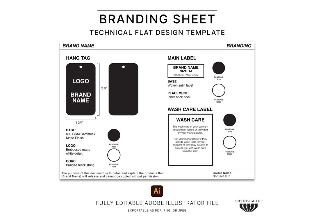 Branding Sheet Tech Pack Template, Hang Tag Mockup, Neck Label ...