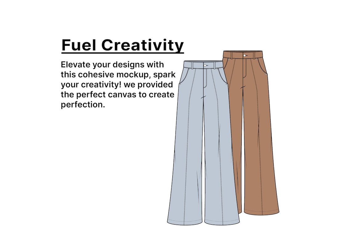 Flared Leg Pants Vector Mockup, Wide Jean Tech Pack Template, Fully ...