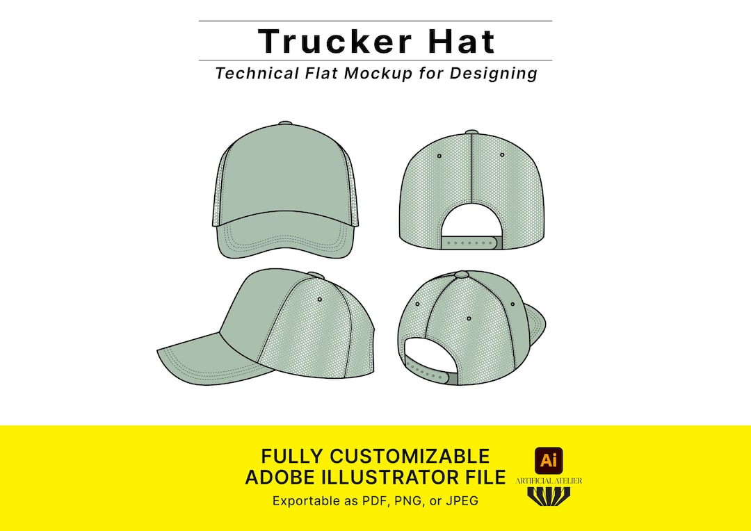 Trucker Hat Vector Mockup Pack, Fashion Flat-sketch for Mesh Baseball ...