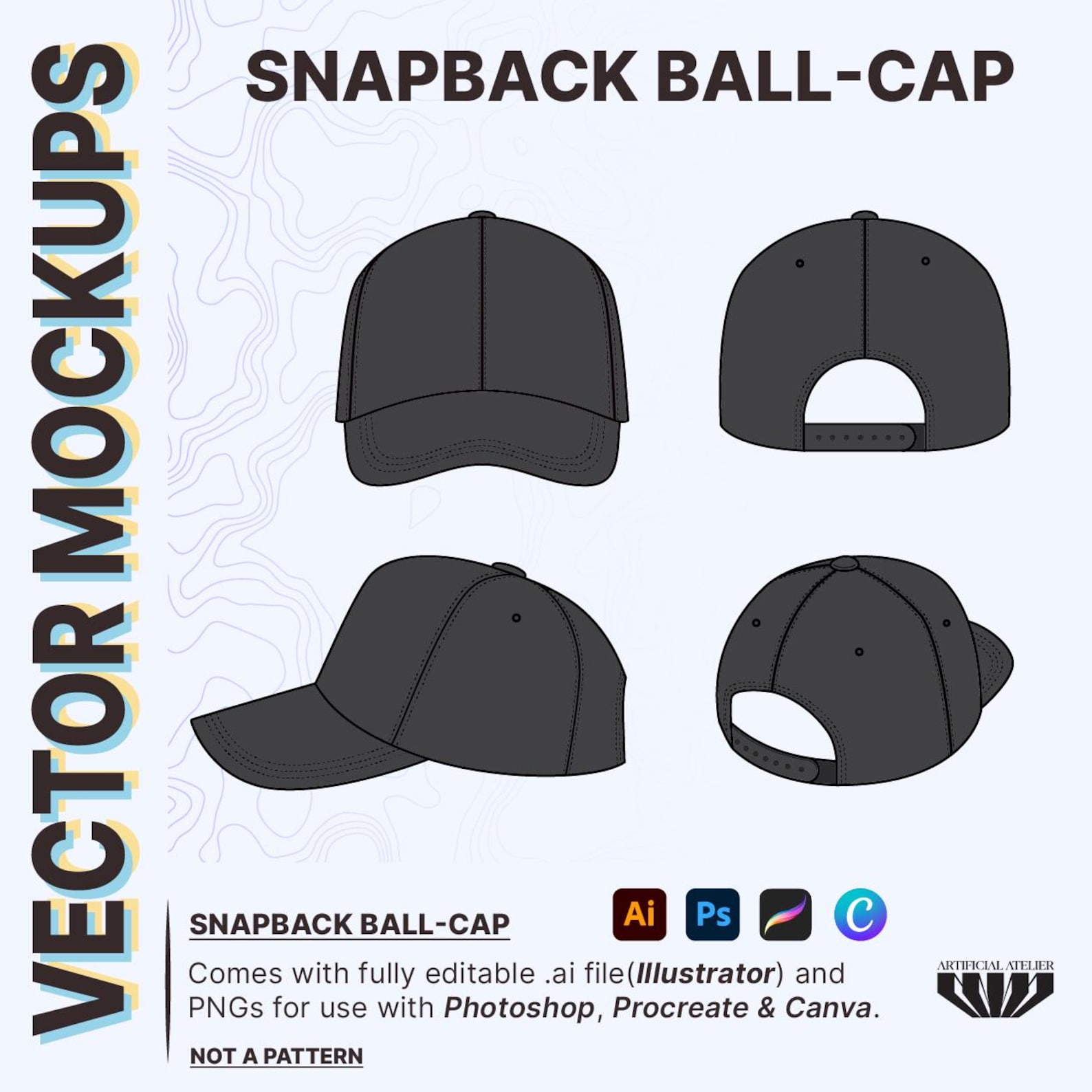 Snapback Vector Mockup, 6 Panel Hat Flatsketch, Fashion Flats for ...