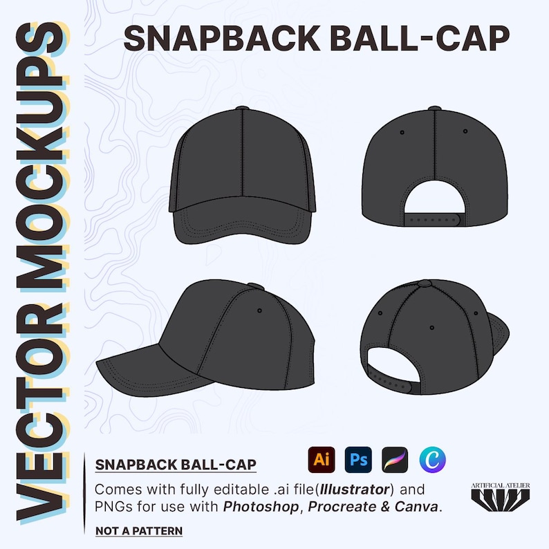 Snapback Vector Mockup, 6 Panel Hat Flatsketch, Fashion Flats for Designers, Fully Customizable ...