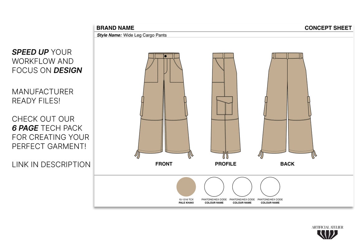 Wide Cargo Pants Vector Mockup, Flared Pants Flatsketch, Simple Tech ...