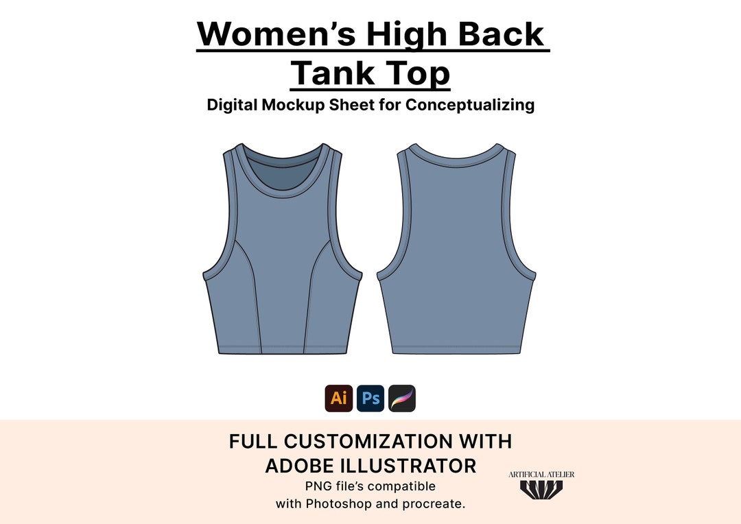 High-back Tank Top Mockup, Vector Fashion Flats Template for Designer ...