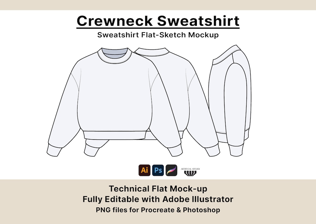 Crewneck Vector Mockup, Sweatshirt Fashion Flats for Designers ...
