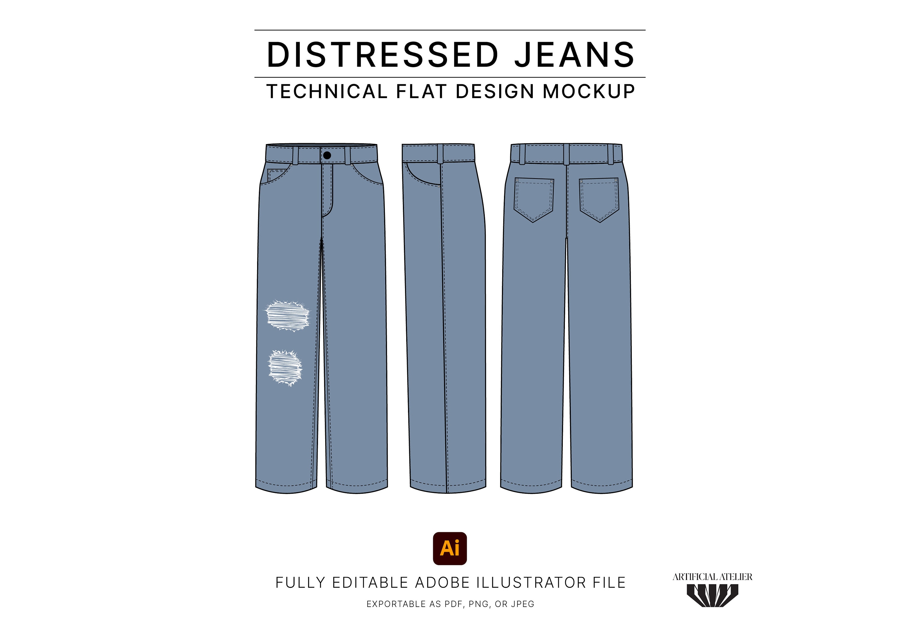 Distressed Jeans Vector Mockup, Fashion Flats for Denim Pants, Ready-to ...