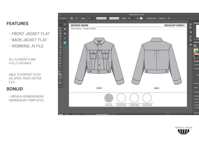 Trucker Jacket Mockup, Vector Template for Fashion Design, Technical ...