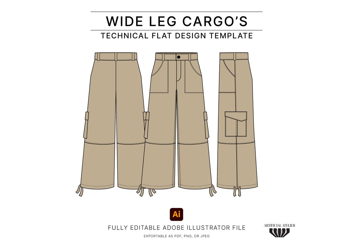 Wide Cargo Pants Vector Mockup, Flared Pants Flatsketch, Simple Tech ...