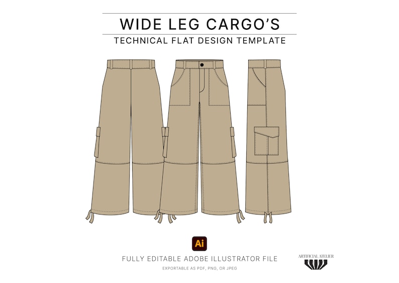 Wide Cargo Pants Vector Mockup, Flared Pants Flatsketch, Simple Tech ...