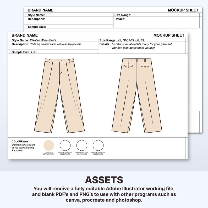 Wide Pleated Pants Mockup, Tech Pack Template - Great for Beginners ...