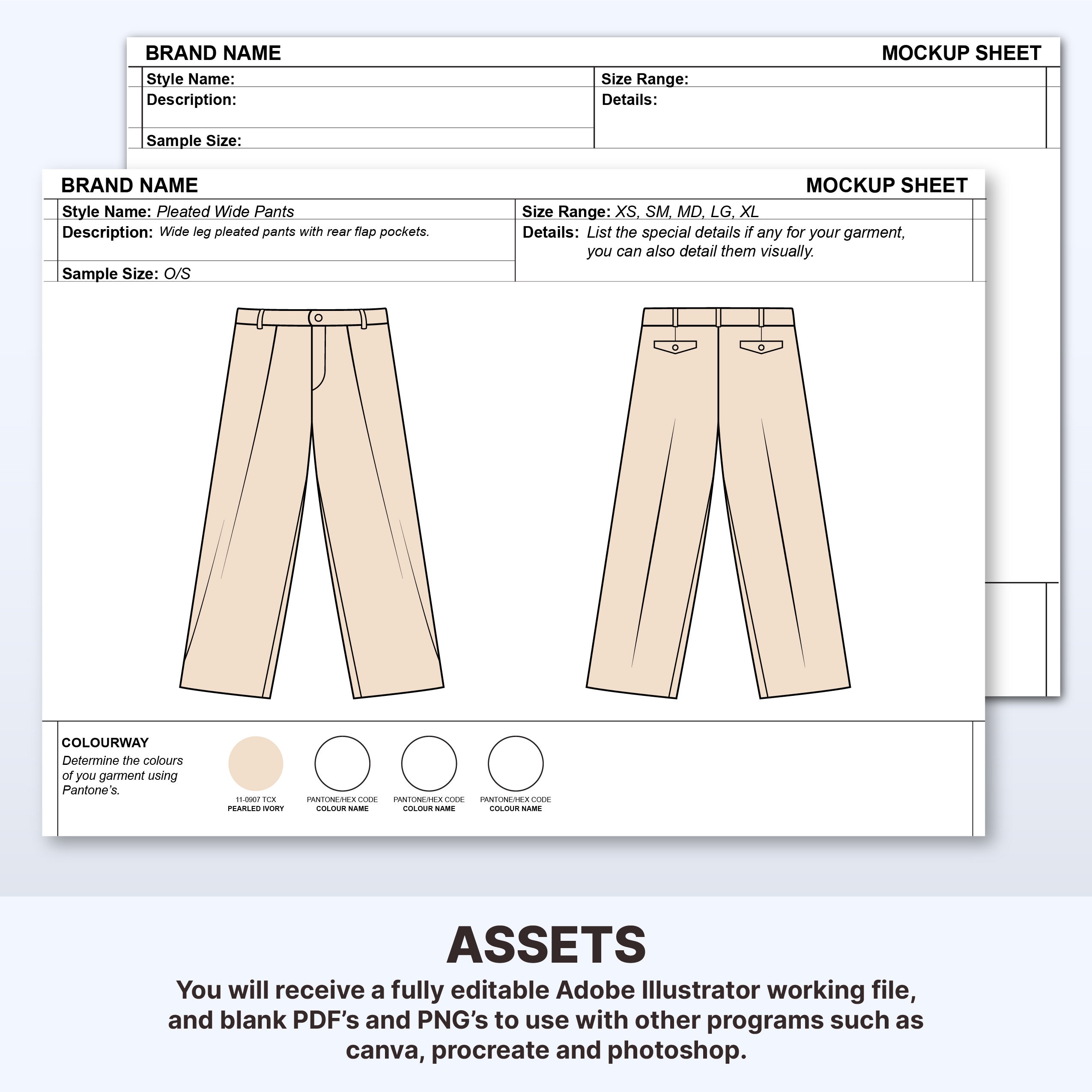 Wide Pleated Pants Mockup, Tech Pack Template - Great for Beginners ...