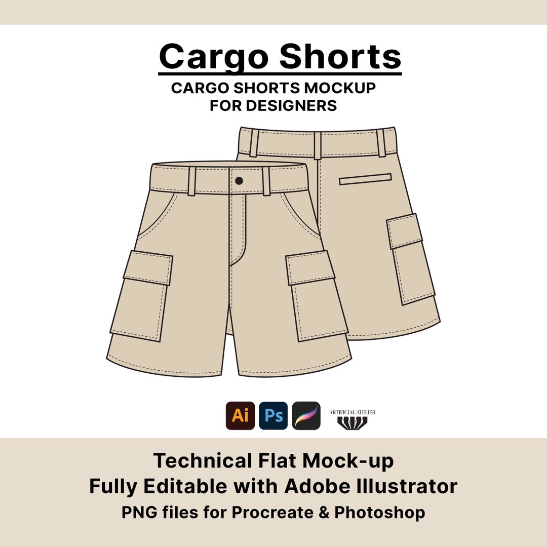 Cargo Shorts Vector Mockup, Streetwear Tech Pack Template, Editable ...
