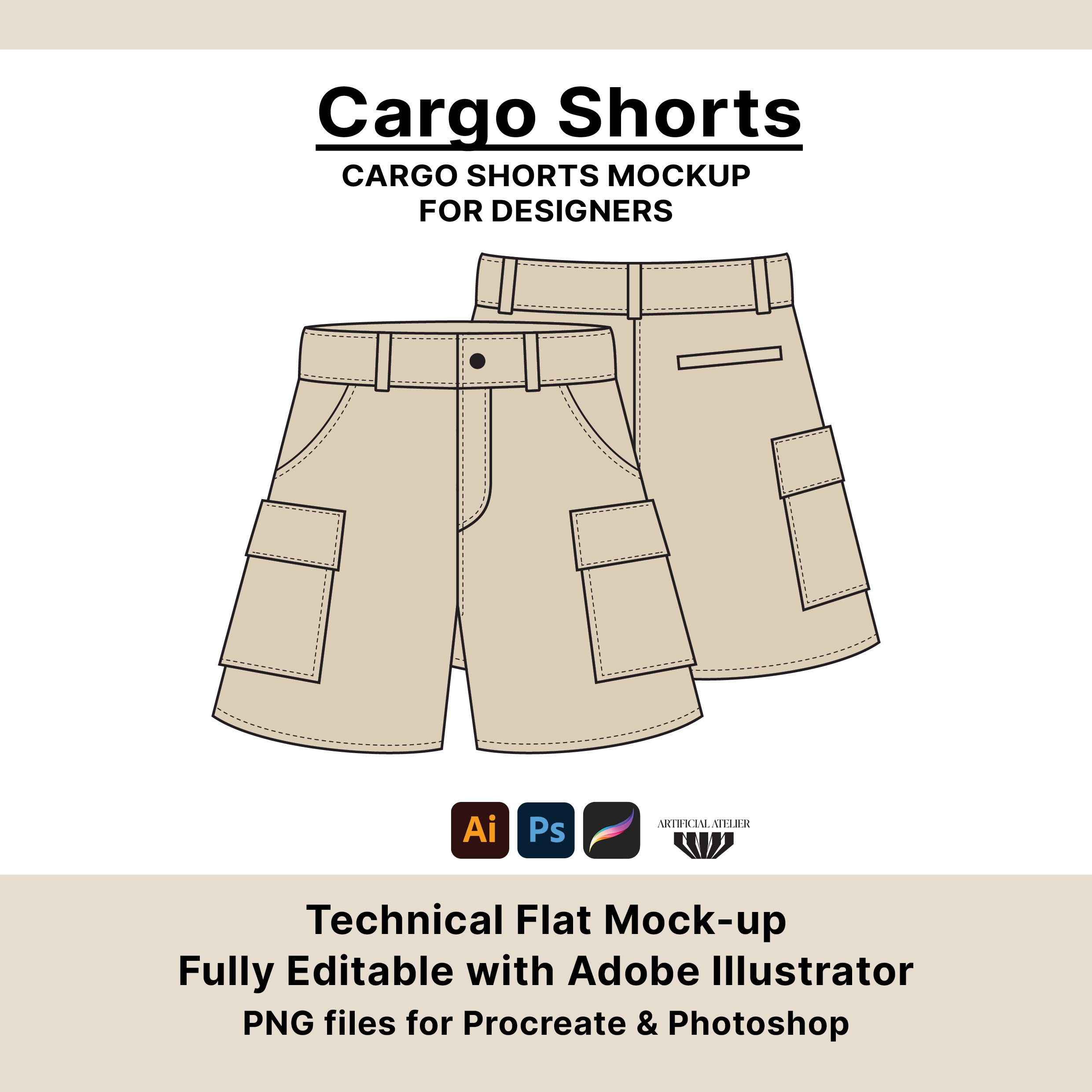 Cargo Shorts Vector Mockup, Streetwear Tech Pack Template, Editable ...
