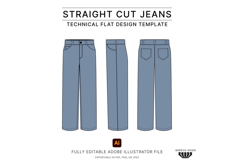 Straight Cut Jeans Vector Mockup, Ready-to-use Fashion Flats, Tech Pack ...