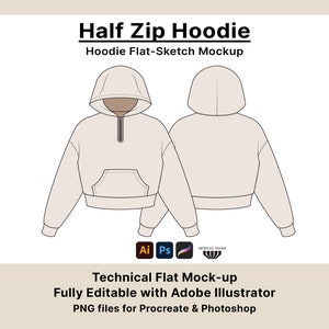 Halfzip Hoodie Mockup, Simple Tech Pack for Clothing Design, Editable ...