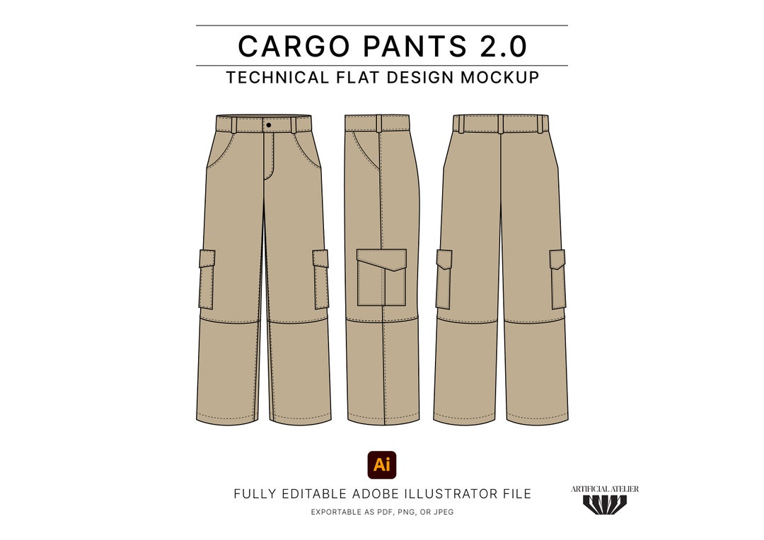 Cargo Pants Vector Mockup, Fashion Flats for Designers, Customizable ...
