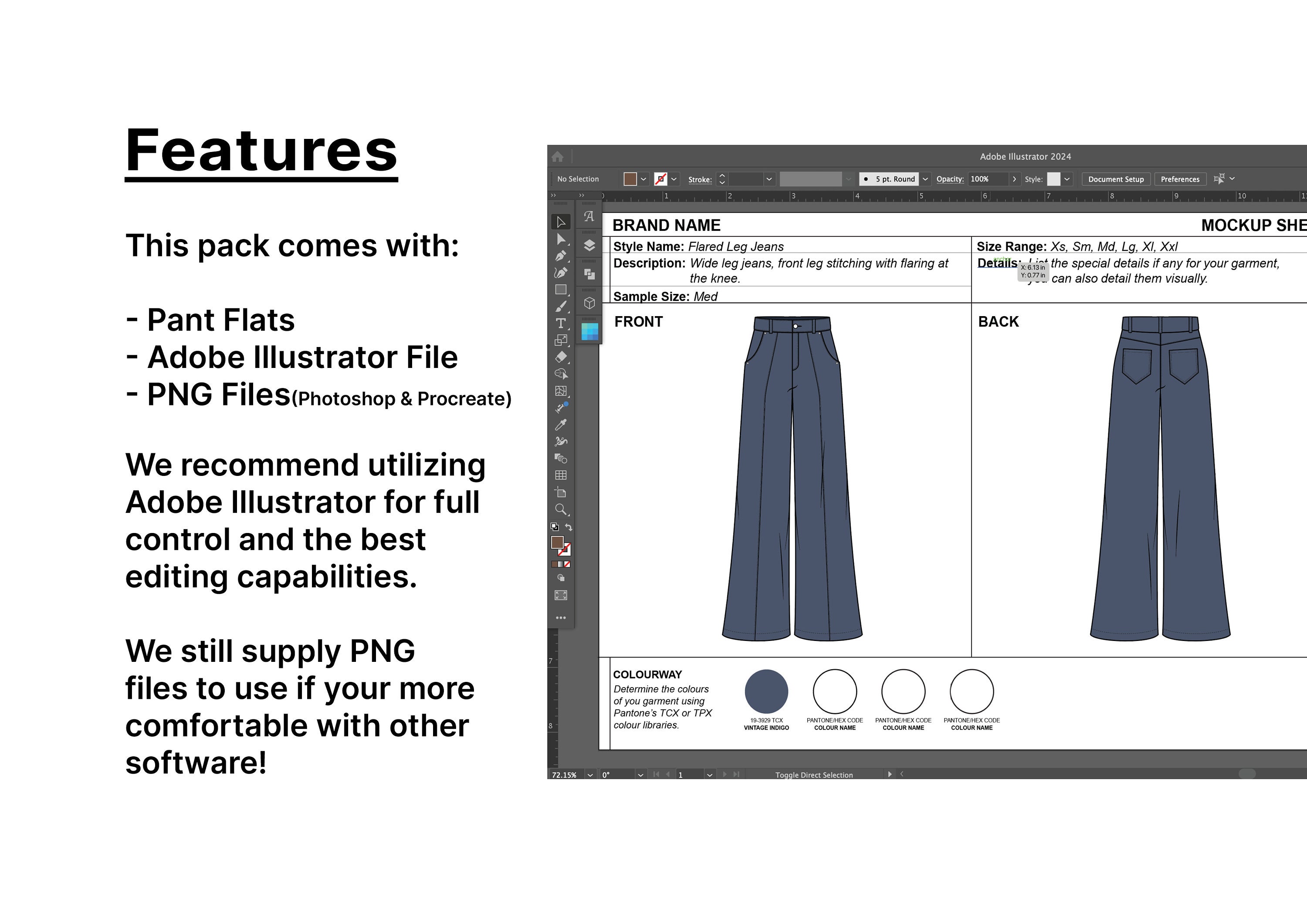 Flared Leg Pants Vector Mockup, Wide Jean Tech Pack Template, Fully ...