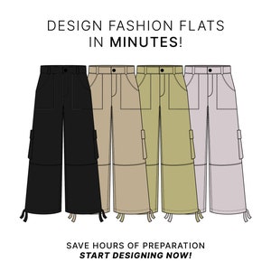 Wide Cargo Pants Vector Mockup, Flared Pants Flatsketch, Simple Tech ...