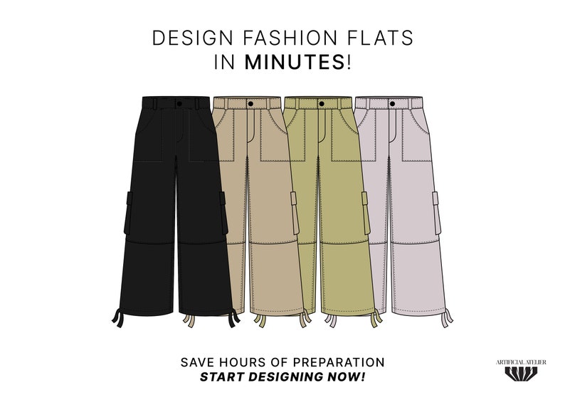 Wide Cargo Pants Vector Mockup, Flared Pants Flatsketch, Simple Tech ...