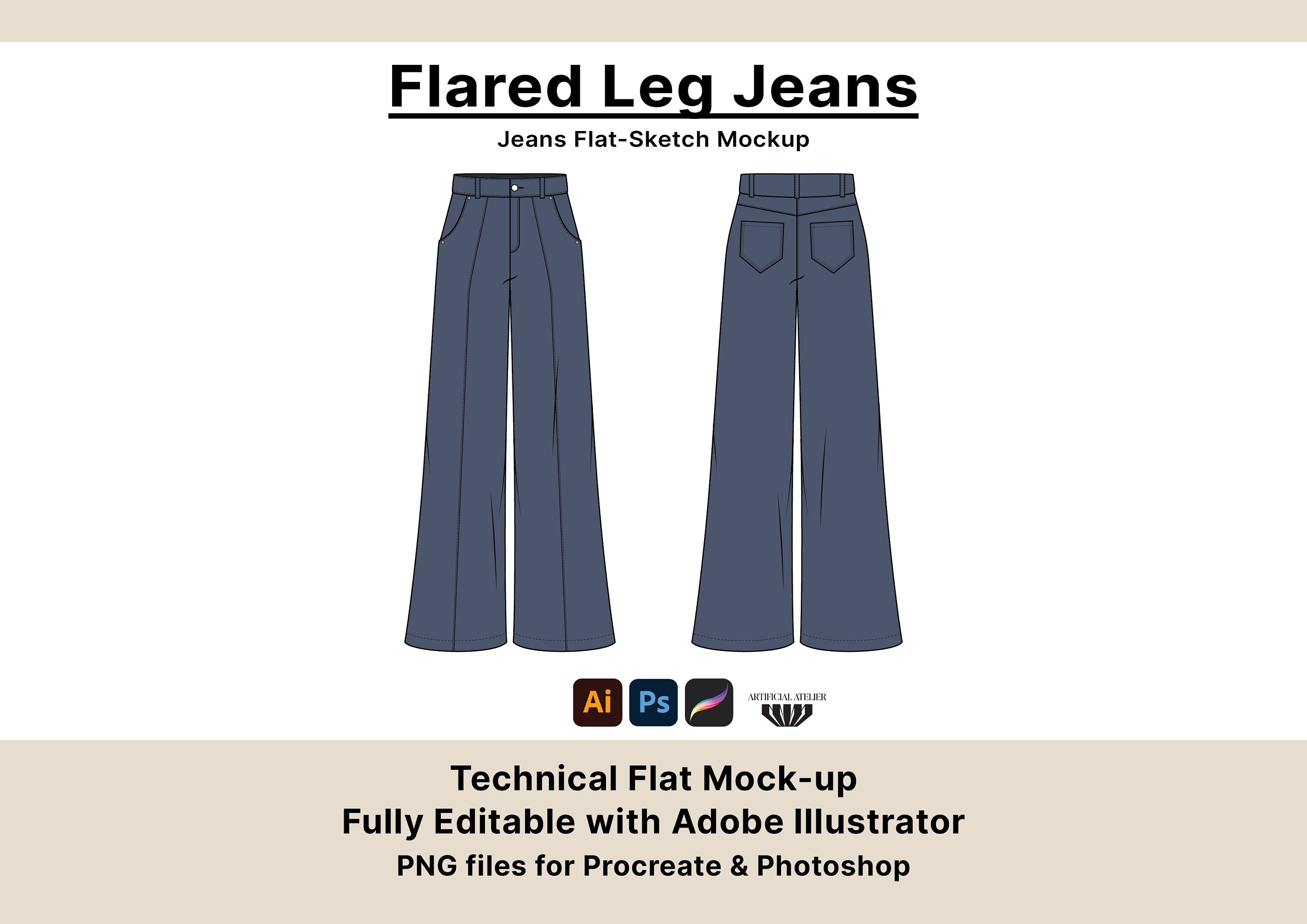 Flared Leg Pants Vector Mockup, Wide Jean Tech Pack Template, Fully ...