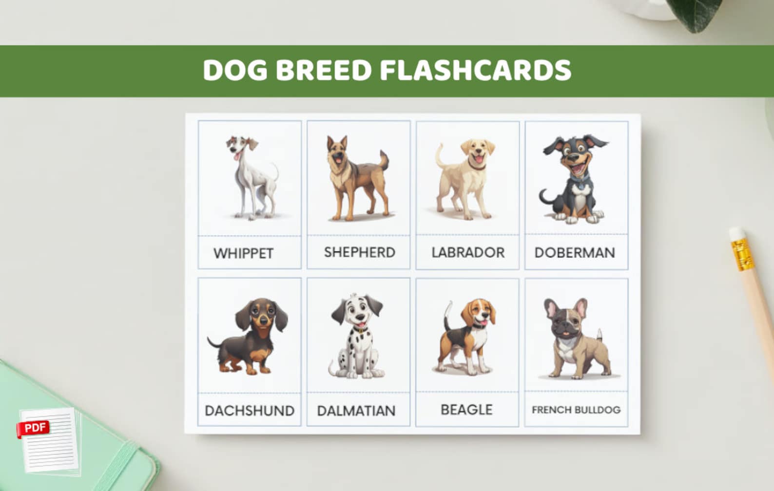 26 Different Dog Breed Flashcards Cartoon Style, Montessori Cards ...