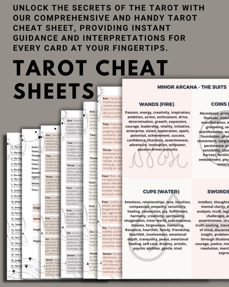 Tarot Card Cheat Sheets // 12 Page Tarot Cheat Sheets Bundle // Major & Minor Arcana Upright ...