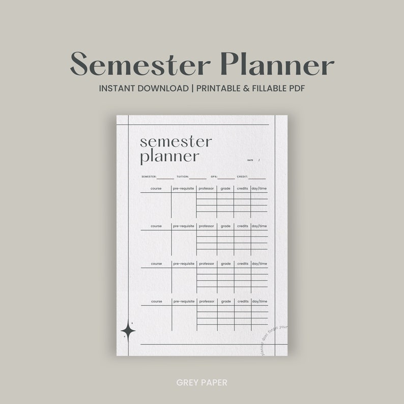 Semester Planner Printable College Semester Planner Study Planner GPA ...