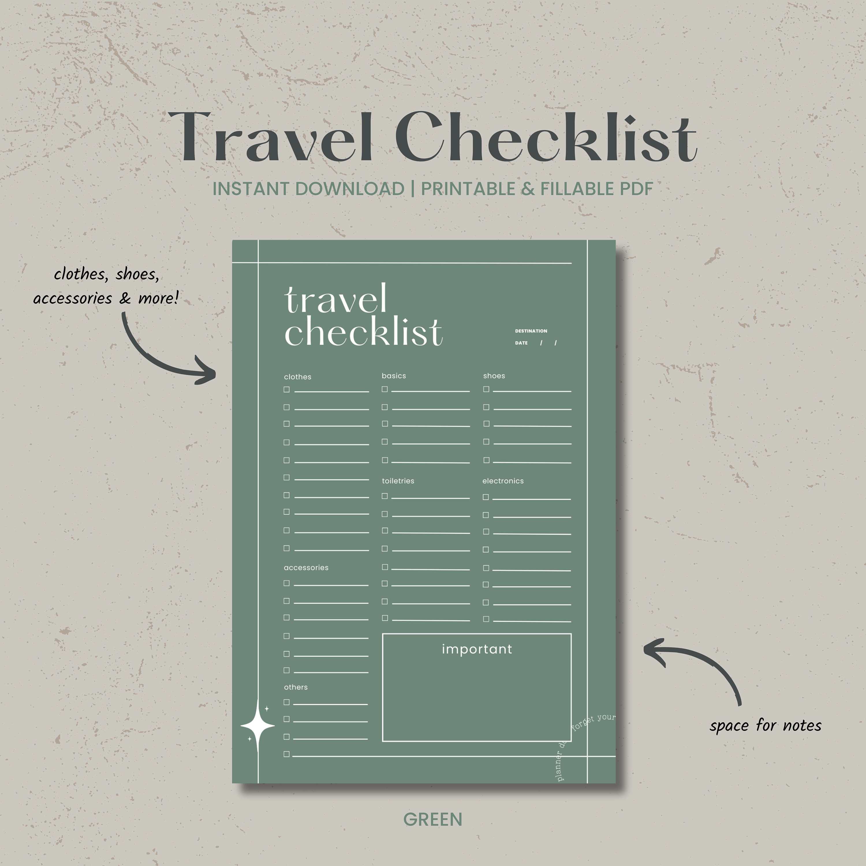 Travel Checklist, Digital Printable Travel Checklist, Travel Packing ...