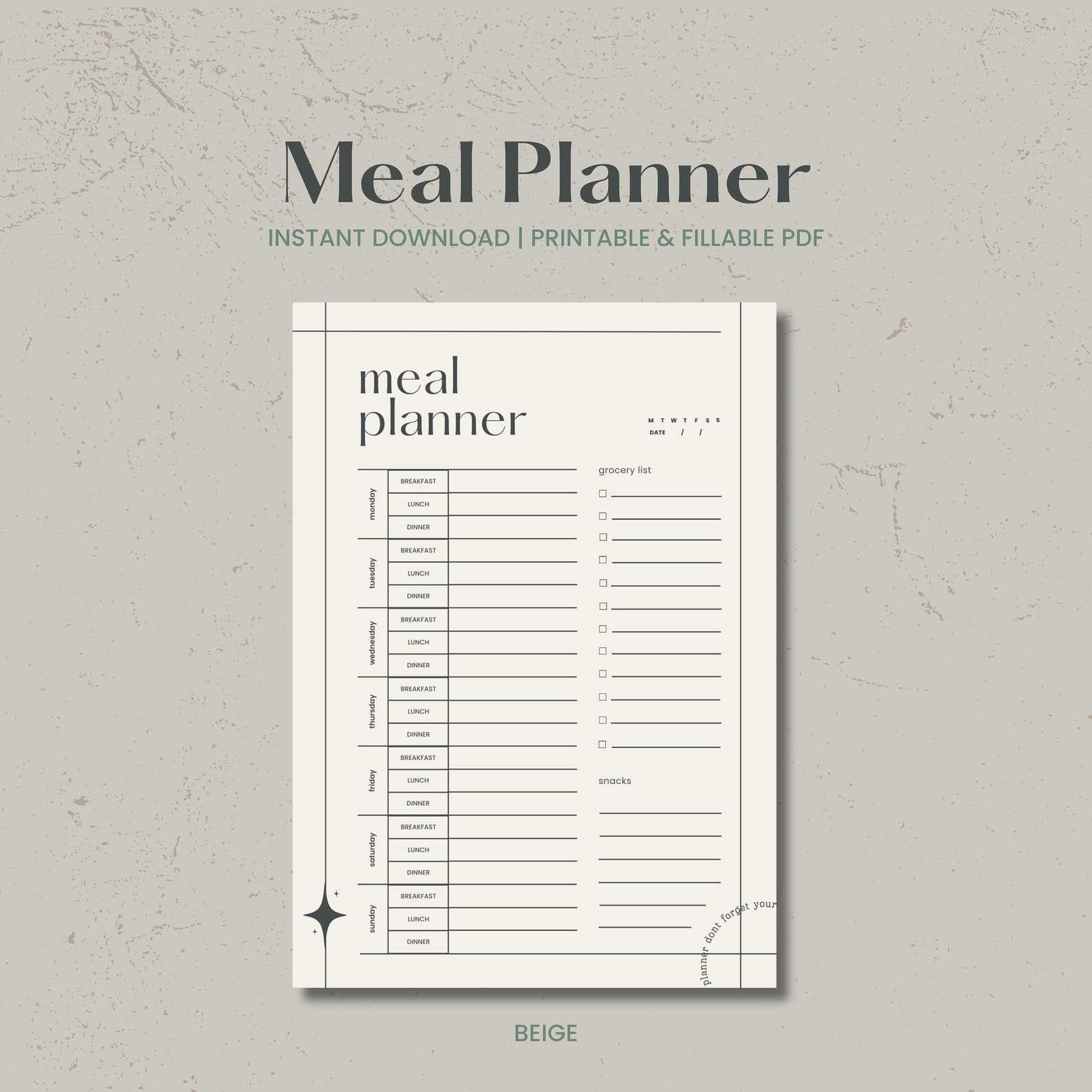 Weekly Meal Planner Printable, Daily Food Log, Digital Menu Plan ...