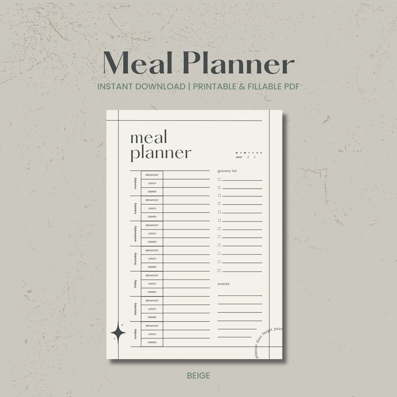 Weekly Meal Planner Printable Daily Food Log Digital Menu - Etsy