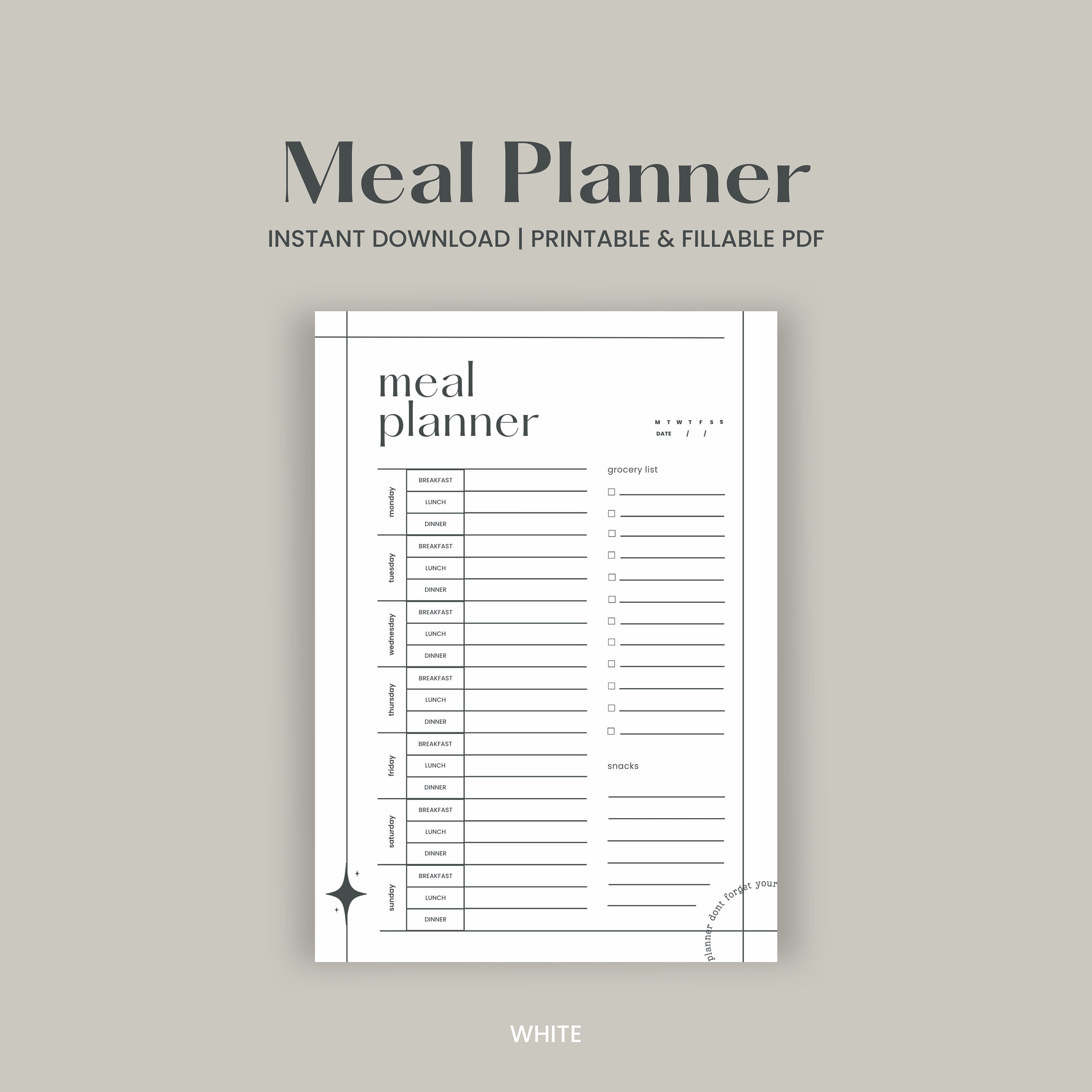 Weekly Meal Planner Printable, Daily Food Log, Digital Menu Plan ...